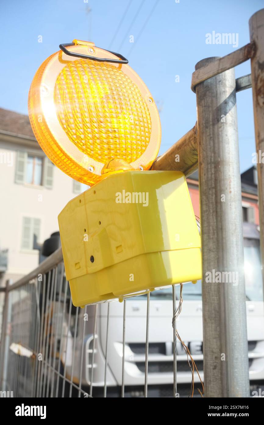 Cremona, Italy February 9th 2025 Rotating flashing beacon hanging on a ...