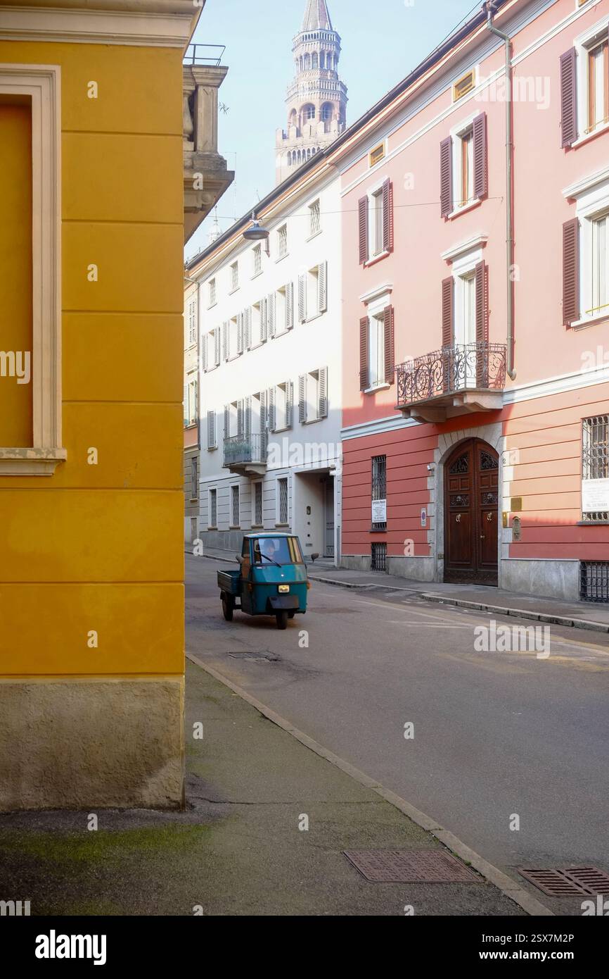 Cremona, Italy February 9th 2025 A vintage Piaggio Ape Car is driving ...
