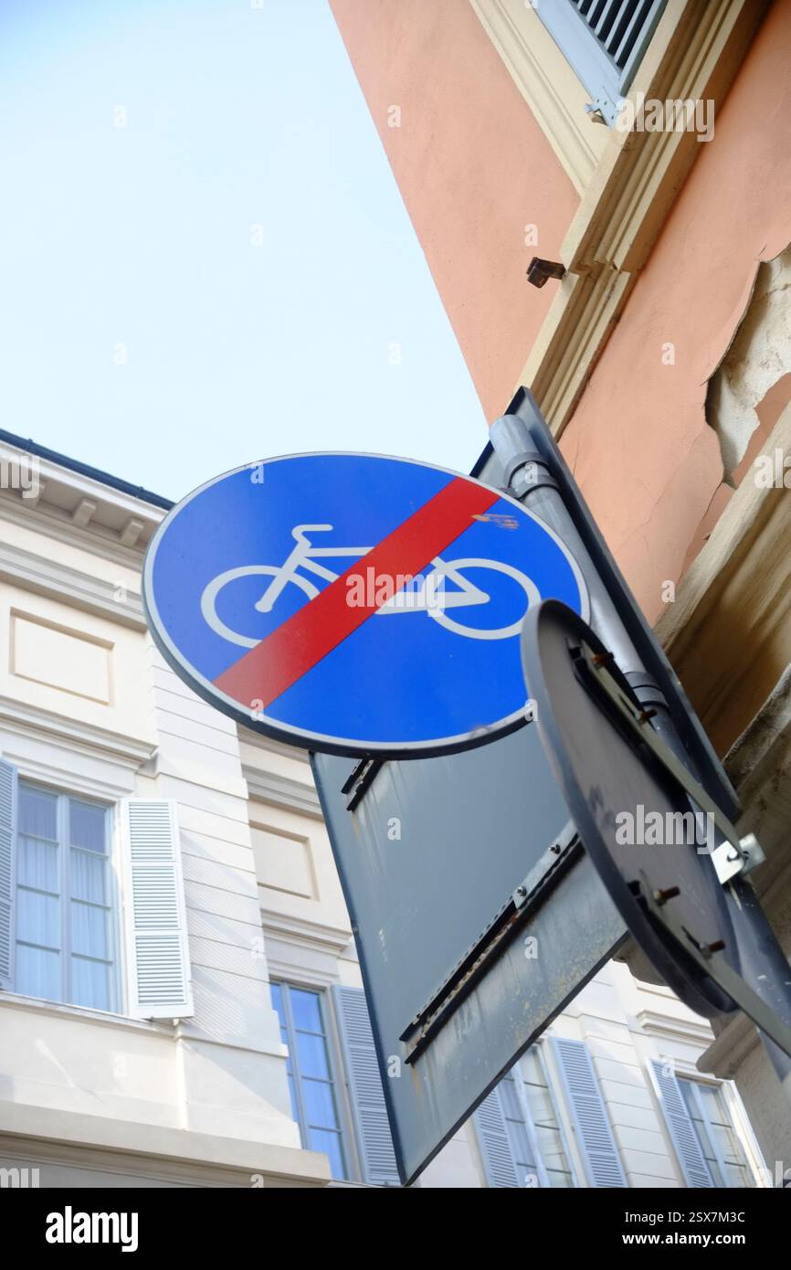 Cremona, Italy February 9th 2025 Round blue no bicycle sign featuring a ...