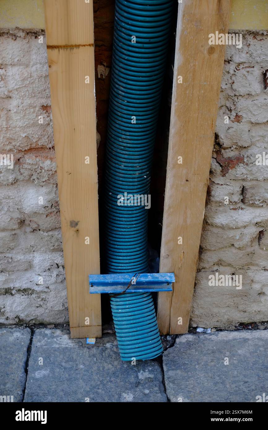 Cremona, Italy February 9th 2025 Close up of a blue corrugated plastic ...