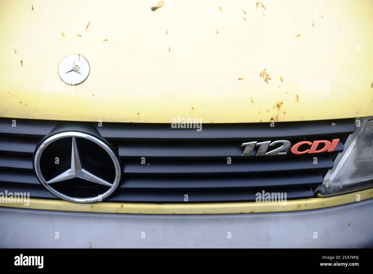 Cremona, Italy February 9th 2025 Close up of a yellow Mercedes Benz ...