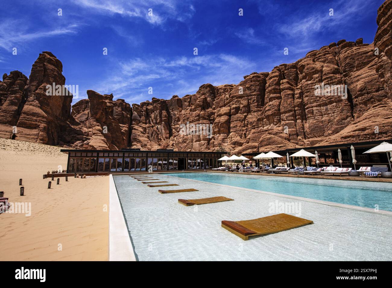 Pool and restaurant, Eco Luxury Hotel Our Habitas, Al Ula, Saudi Arabia ...