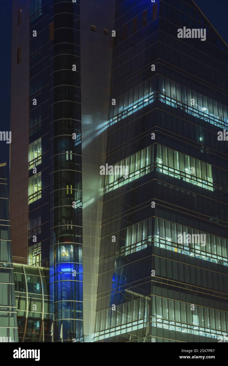 Daejeon, South Korea, January 17, 2019, Low angle night view of glass ...
