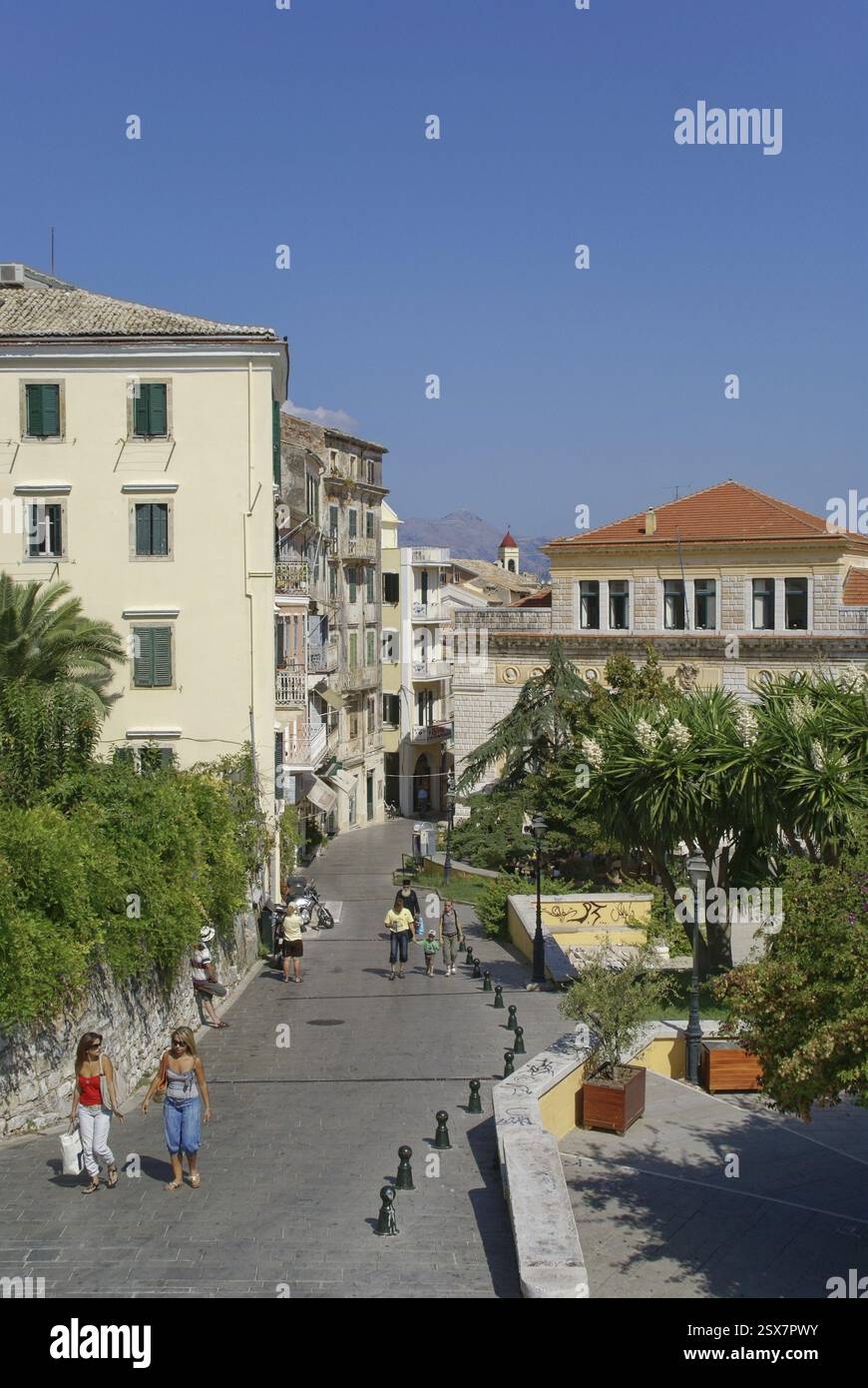 Busy street in Corfu Town, Corfu, Greek, Greek island, holiday, urban ...