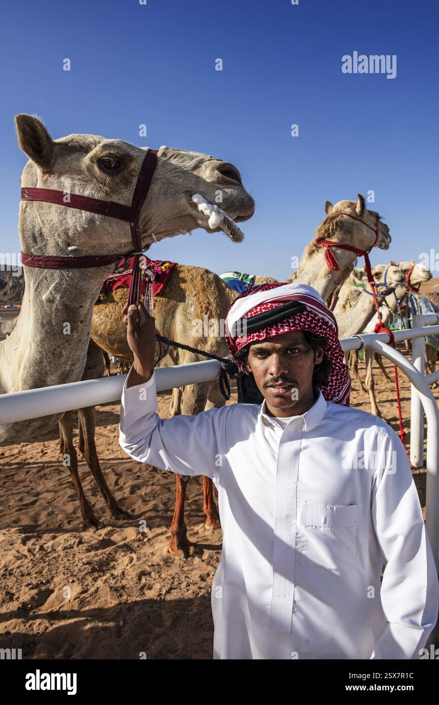 Sheikh with his racing camel at the Al Ula Camel Cup in the Mughayra ...