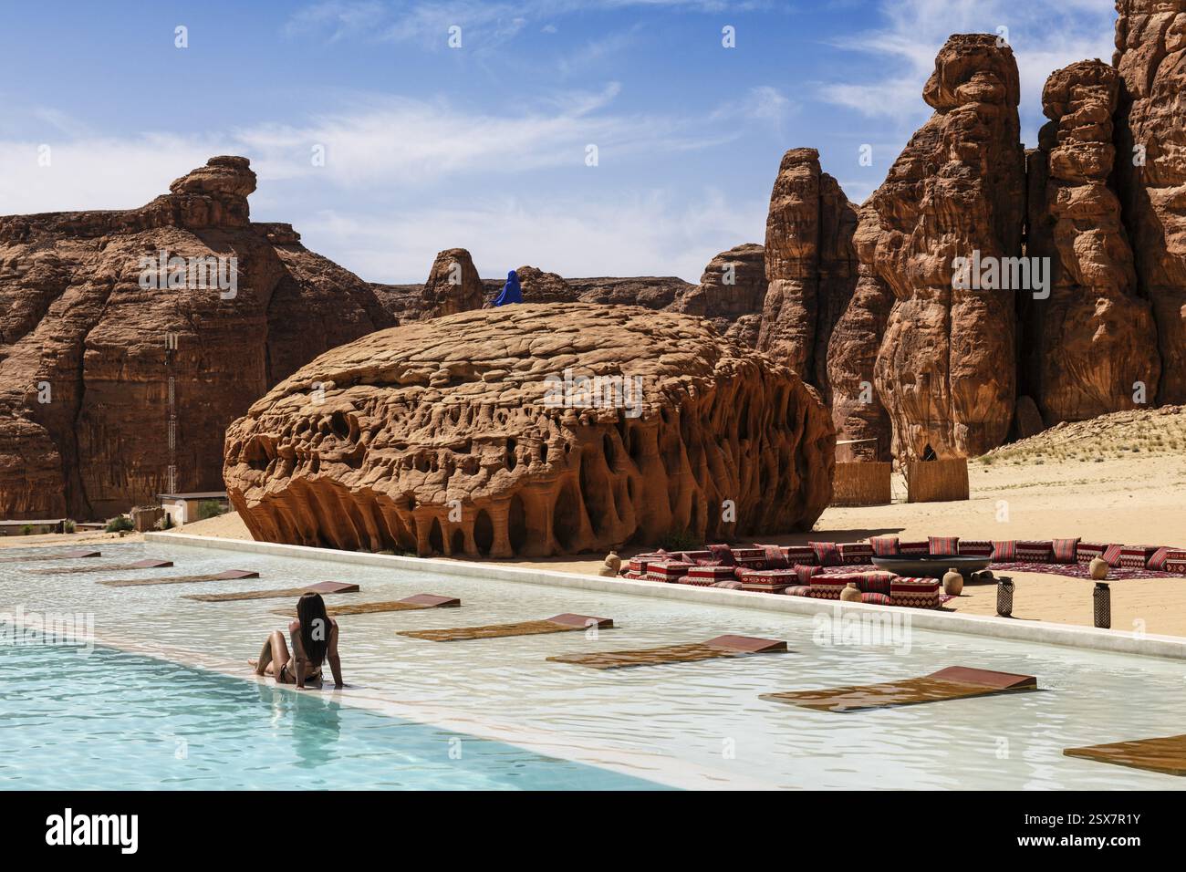 Pool and restaurant, Eco Luxury Hotel Our Habitas, Al Ula, Saudi Arabia ...