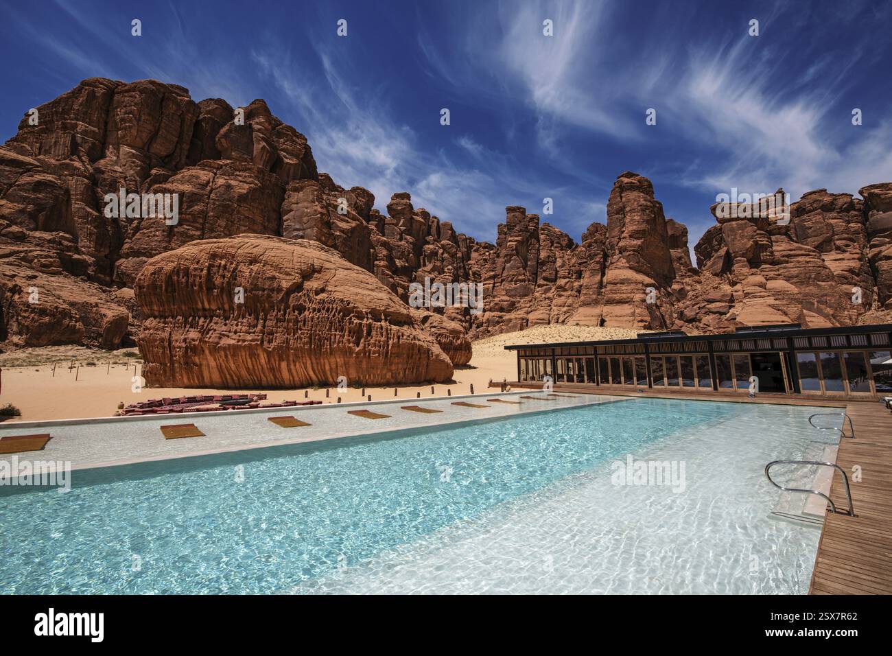 Pool and restaurant, Eco Luxury Hotel Our Habitas, Al Ula, Saudi Arabia ...