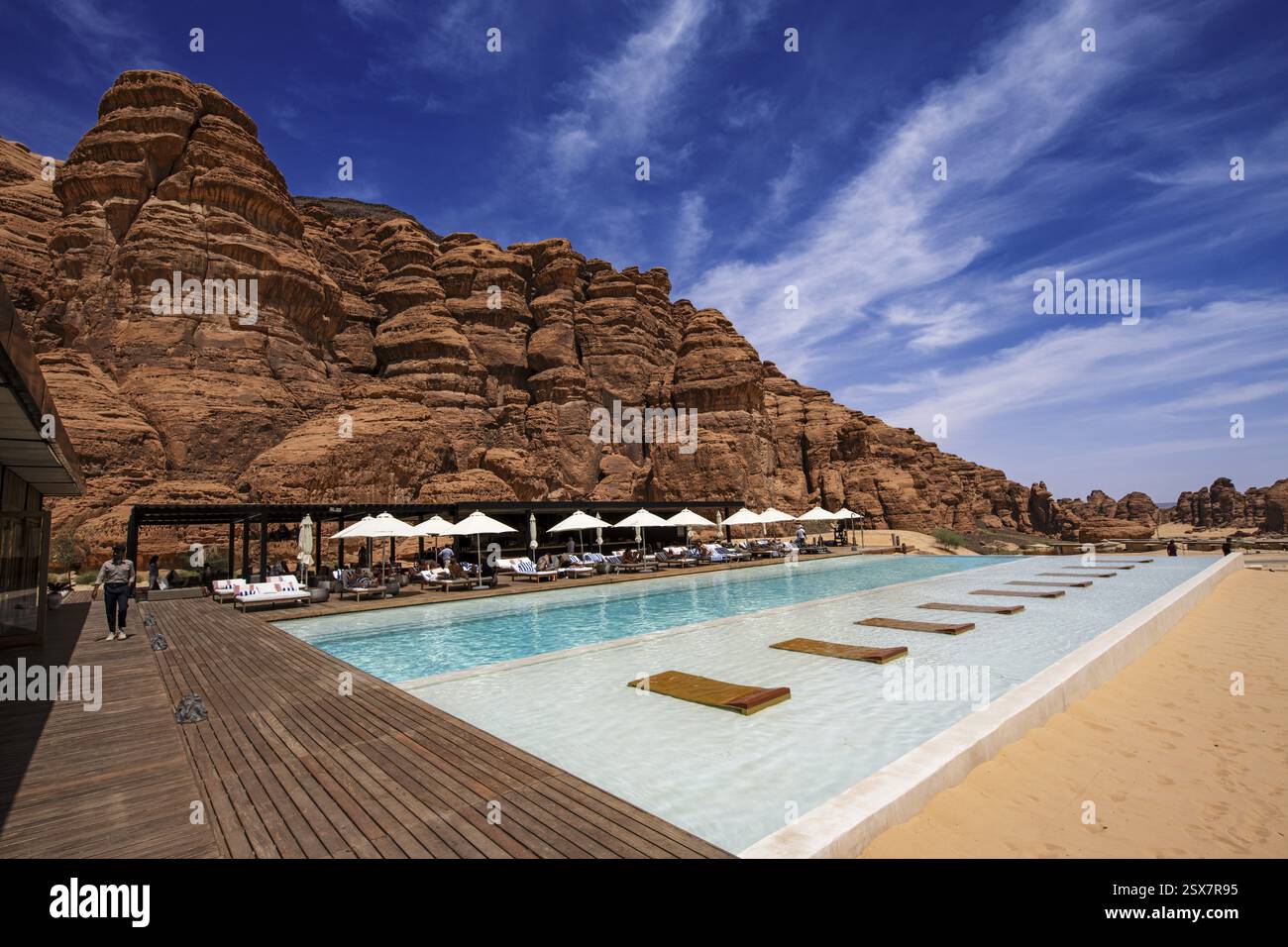 Pool and restaurant, Eco Luxury Hotel Our Habitas, Al Ula, Saudi Arabia ...