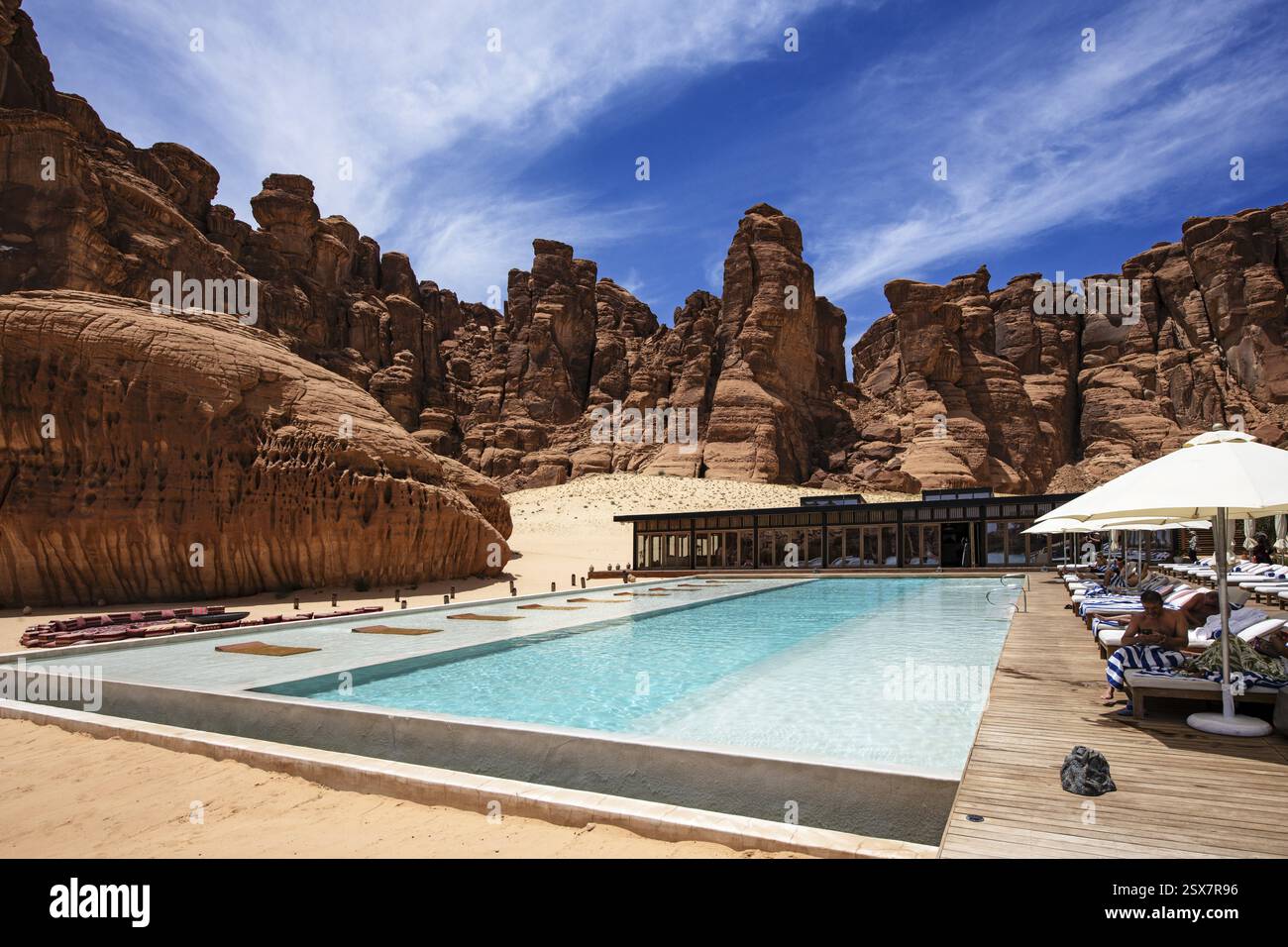 Pool and restaurant, Eco Luxury Hotel Our Habitas, Al Ula, Saudi Arabia ...