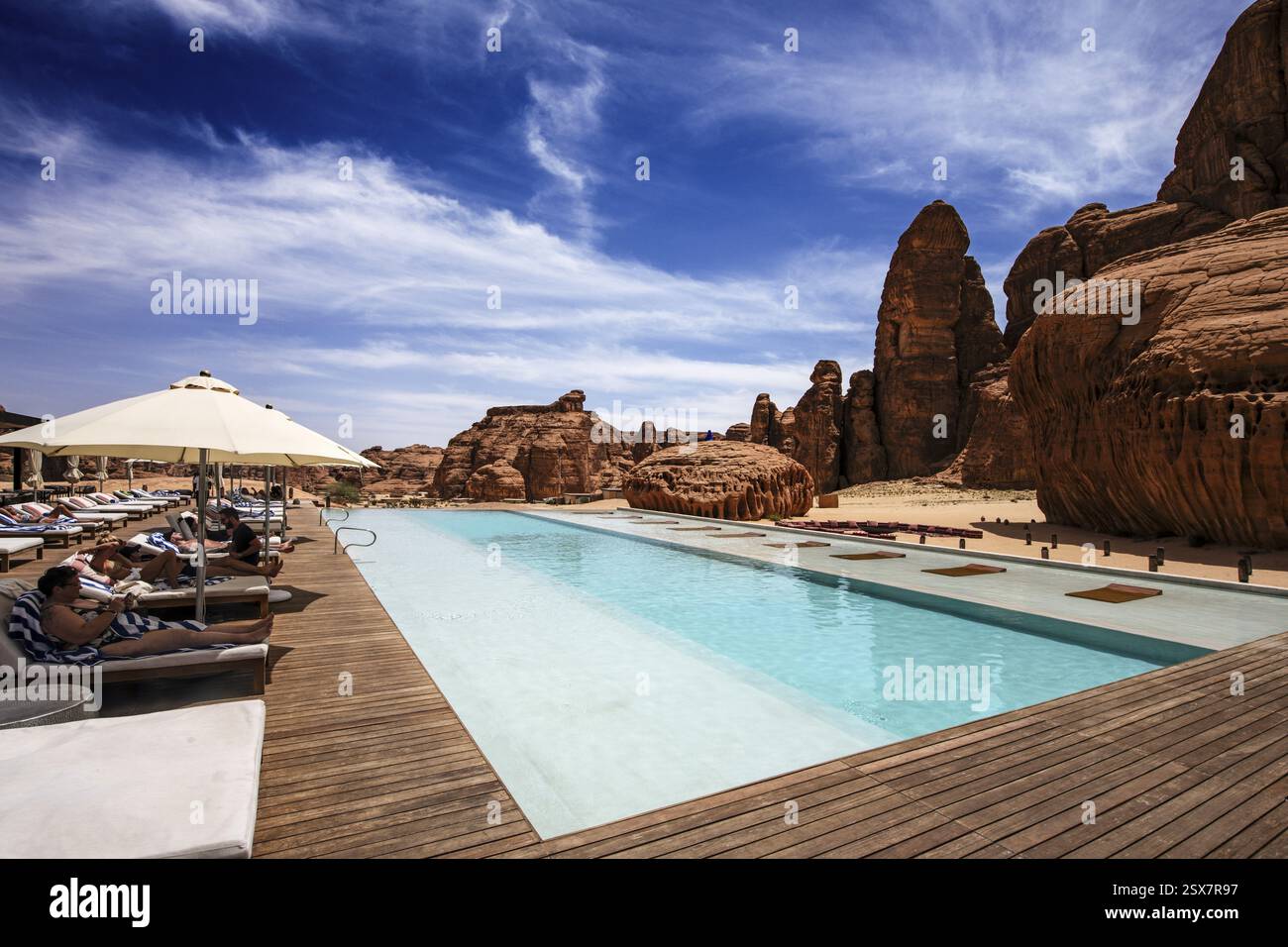 Pool and restaurant, Eco Luxury Hotel Our Habitas, Al Ula, Saudi Arabia ...