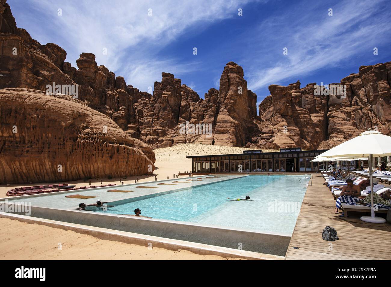 Pool and restaurant, Eco Luxury Hotel Our Habitas, Al Ula, Saudi Arabia ...