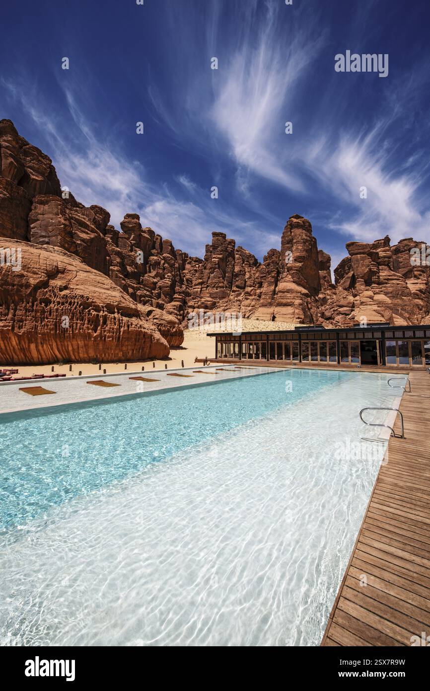 Pool and restaurant, Eco Luxury Hotel Our Habitas, Al Ula, Saudi Arabia ...