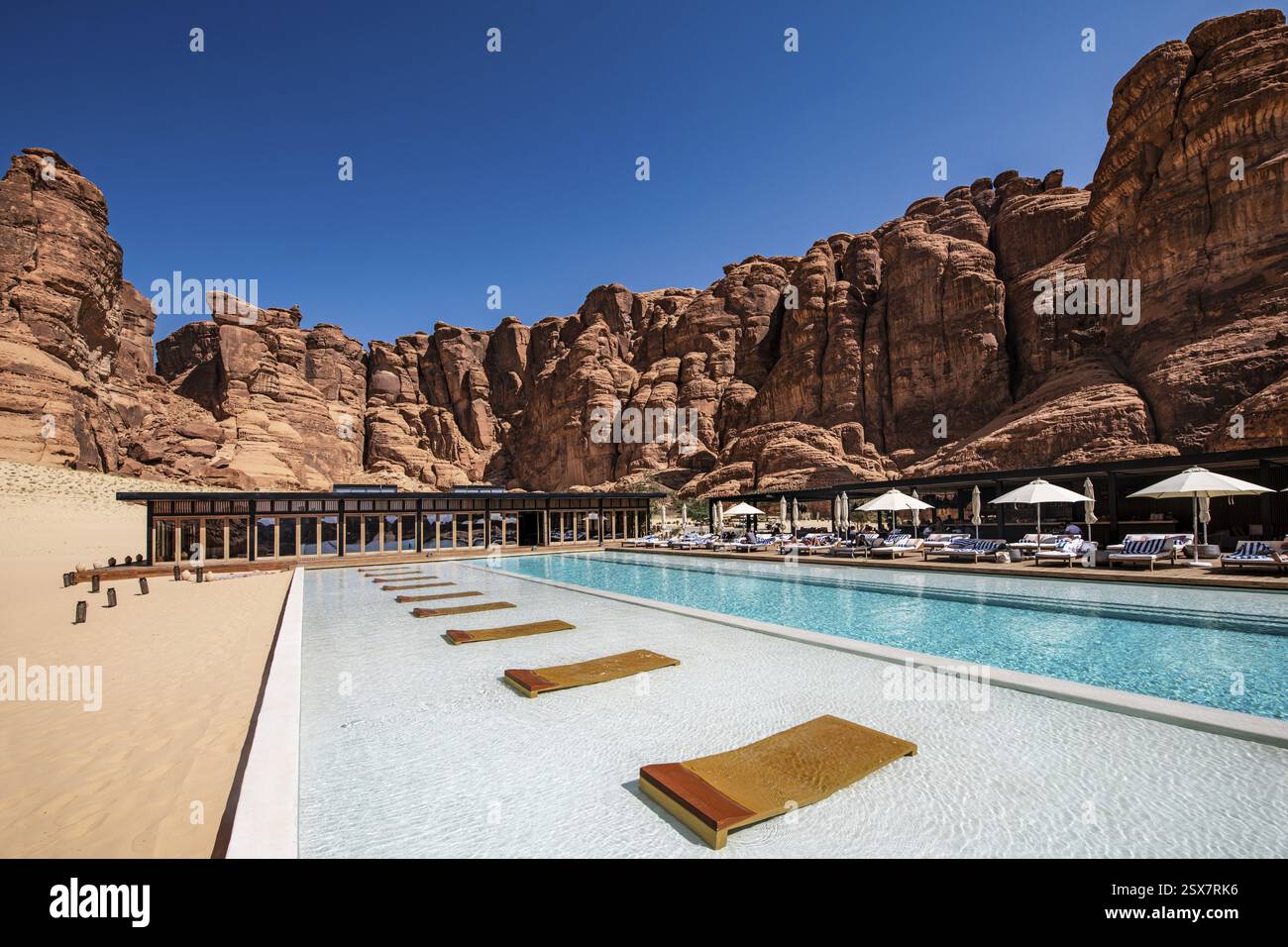 Pool and restaurant, Eco Luxury Hotel Our Habitas, Al Ula, Saudi Arabia ...