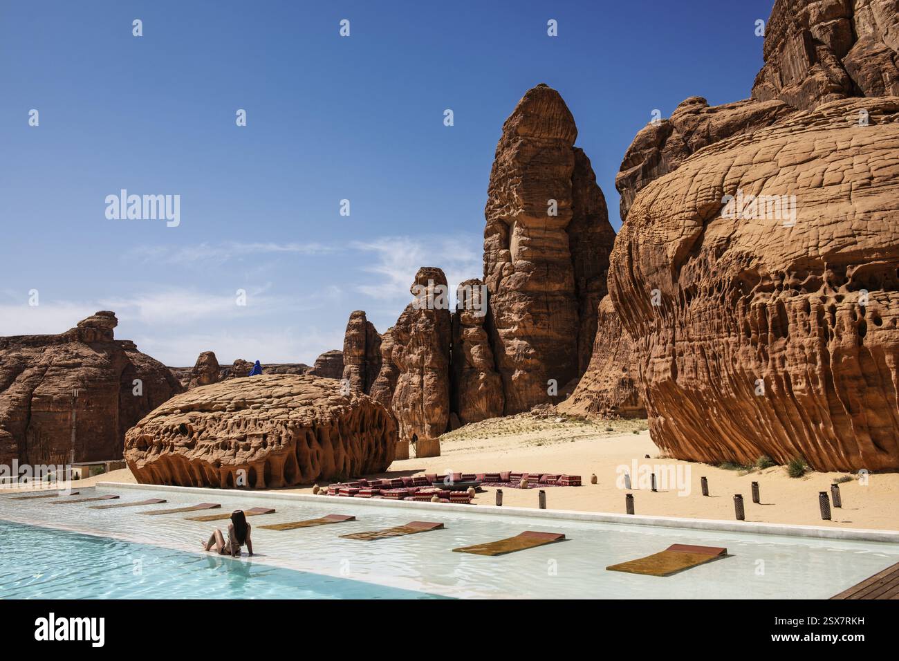 Pool and restaurant, Eco Luxury Hotel Our Habitas, Al Ula, Saudi Arabia ...