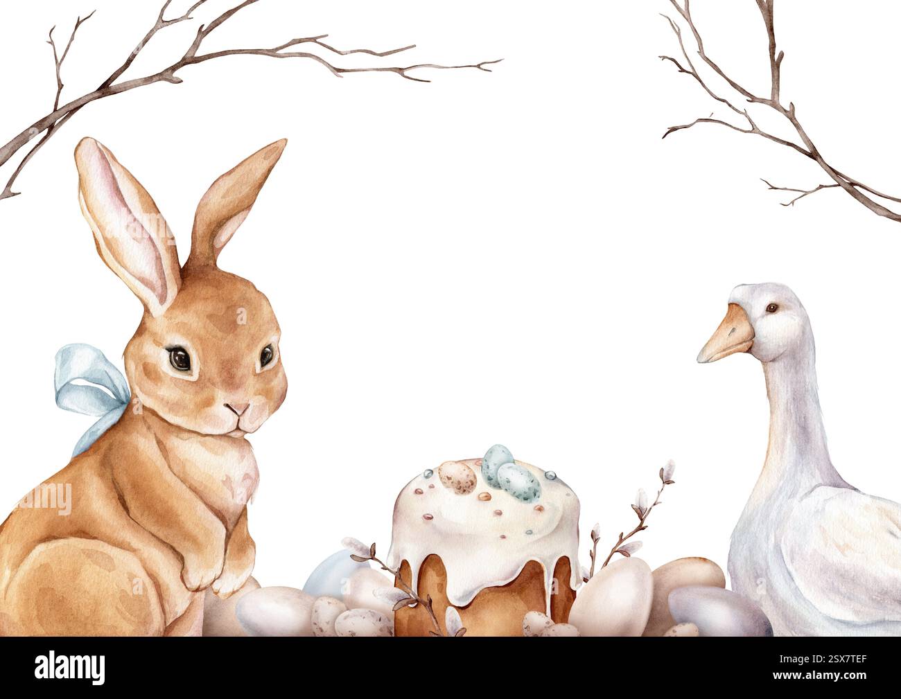 Watercolor horizontal postcard with Easter cake and bunny or rabbit ...