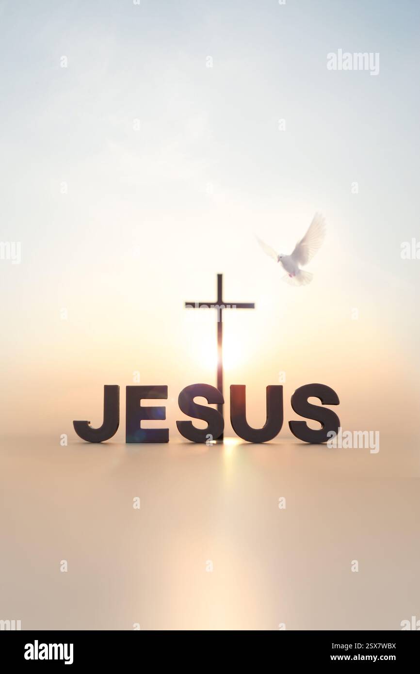 Bright rising sun and holy cross of Jesus Christ and dove of the Holy ...