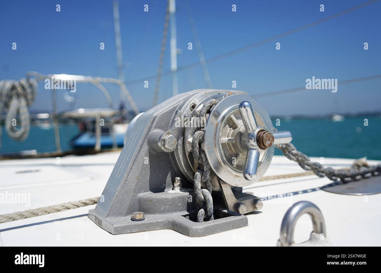 Anchor winch with sturdy chain on a voyage boat, ensuring stability and ...
