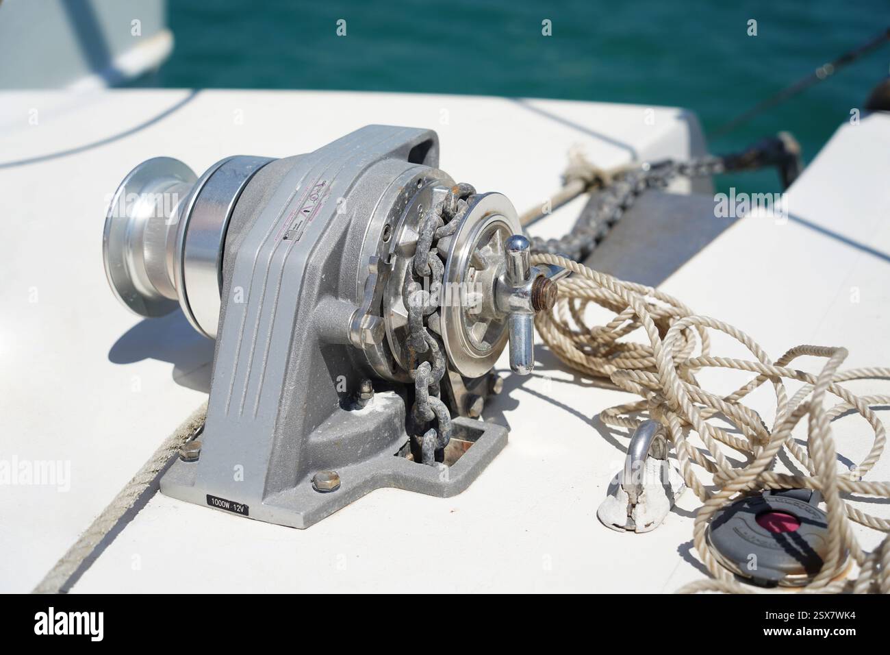 Anchor winch with sturdy chain on a voyage boat, ensuring stability and ...