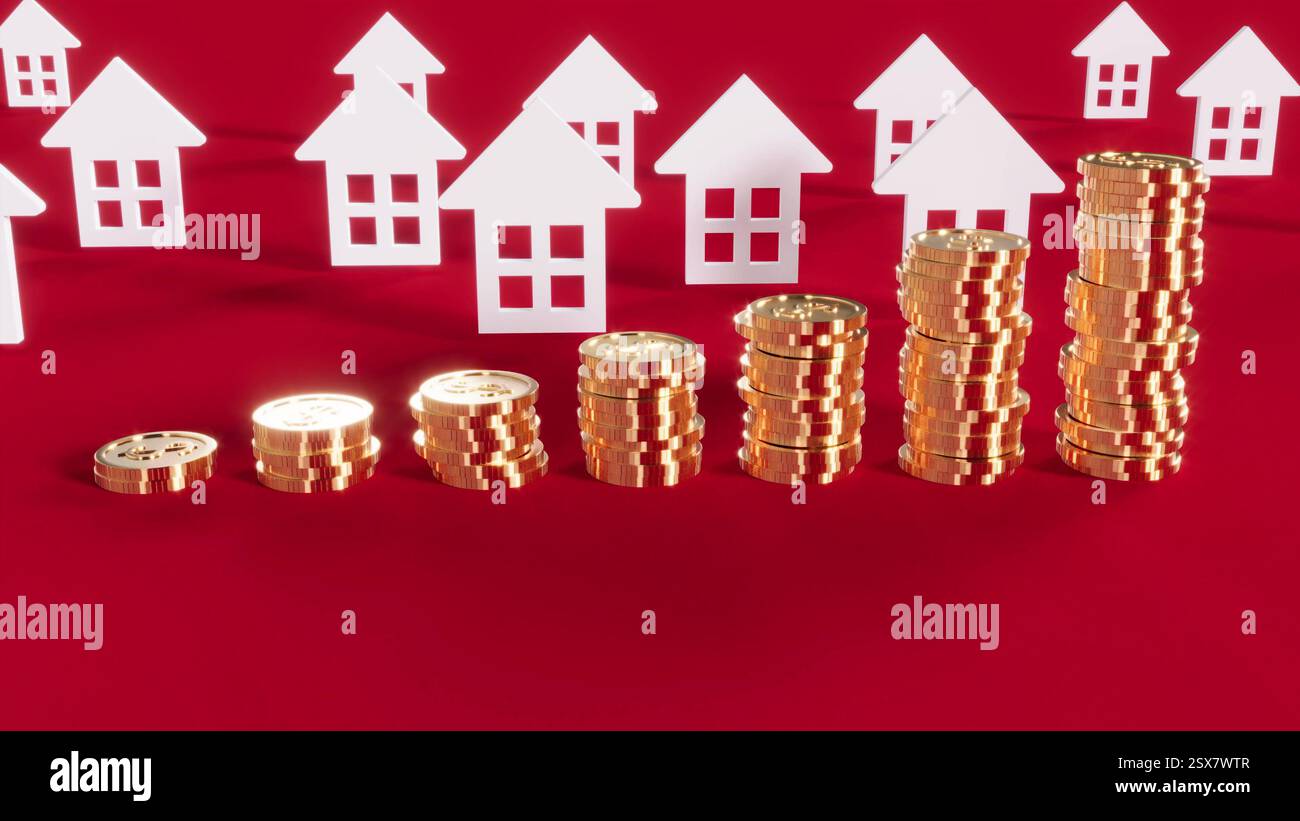 Rent of houses home grow up gold coins chart 3d render Stock Photo - Alamy