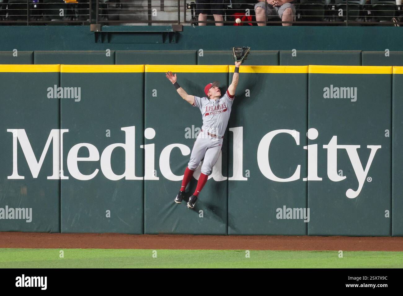 February 22, 2025: Charles Davalan (24) Razorback outfielder leaps up ...