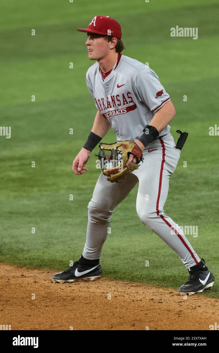February 22, 2025: Hogs second baseman Gabe Fraser (6) readies himself ...