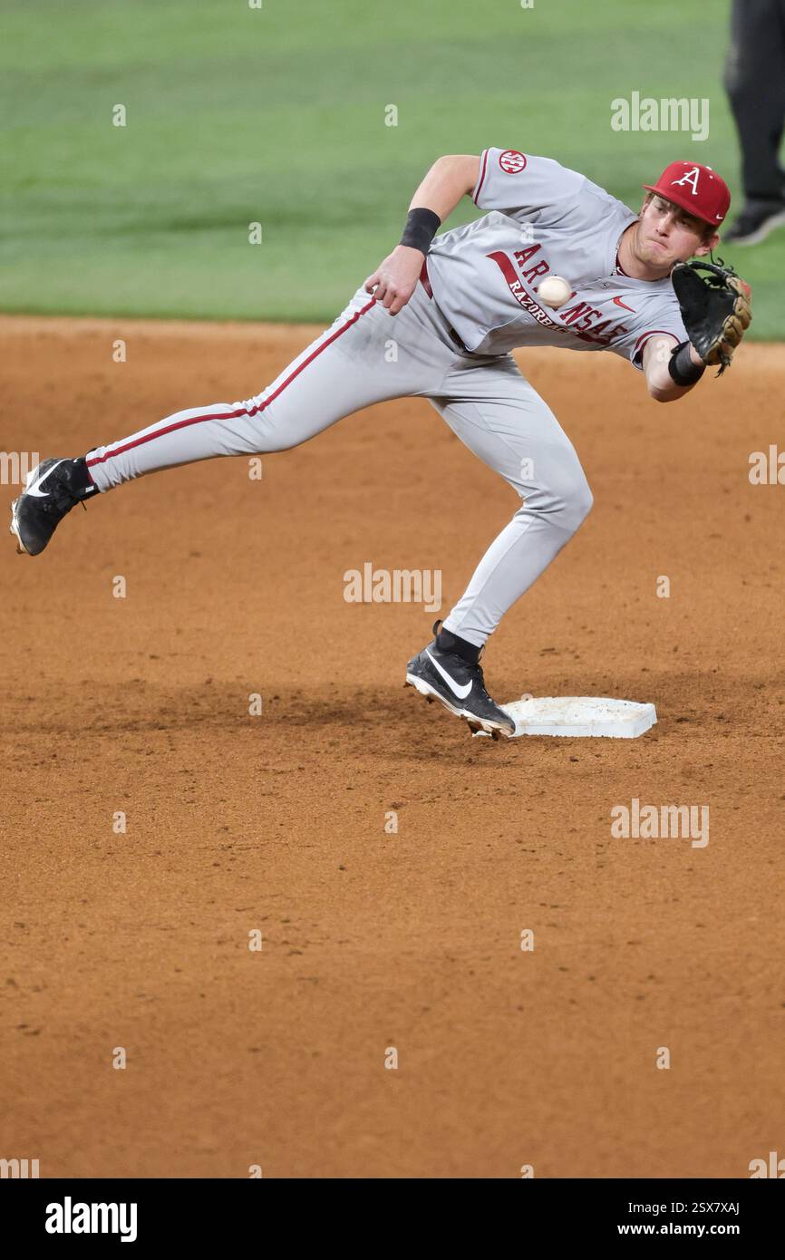 February 22, 2025: Razorback infielder Gabe Fraser (6) comes across the ...