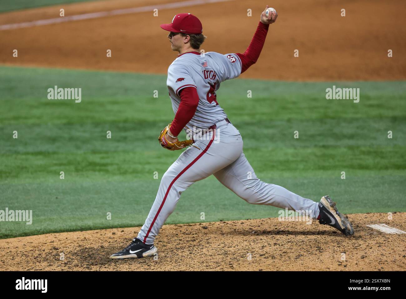 February 22, 2025: Razorback pitcher Christian Foutch (46) prepares to ...