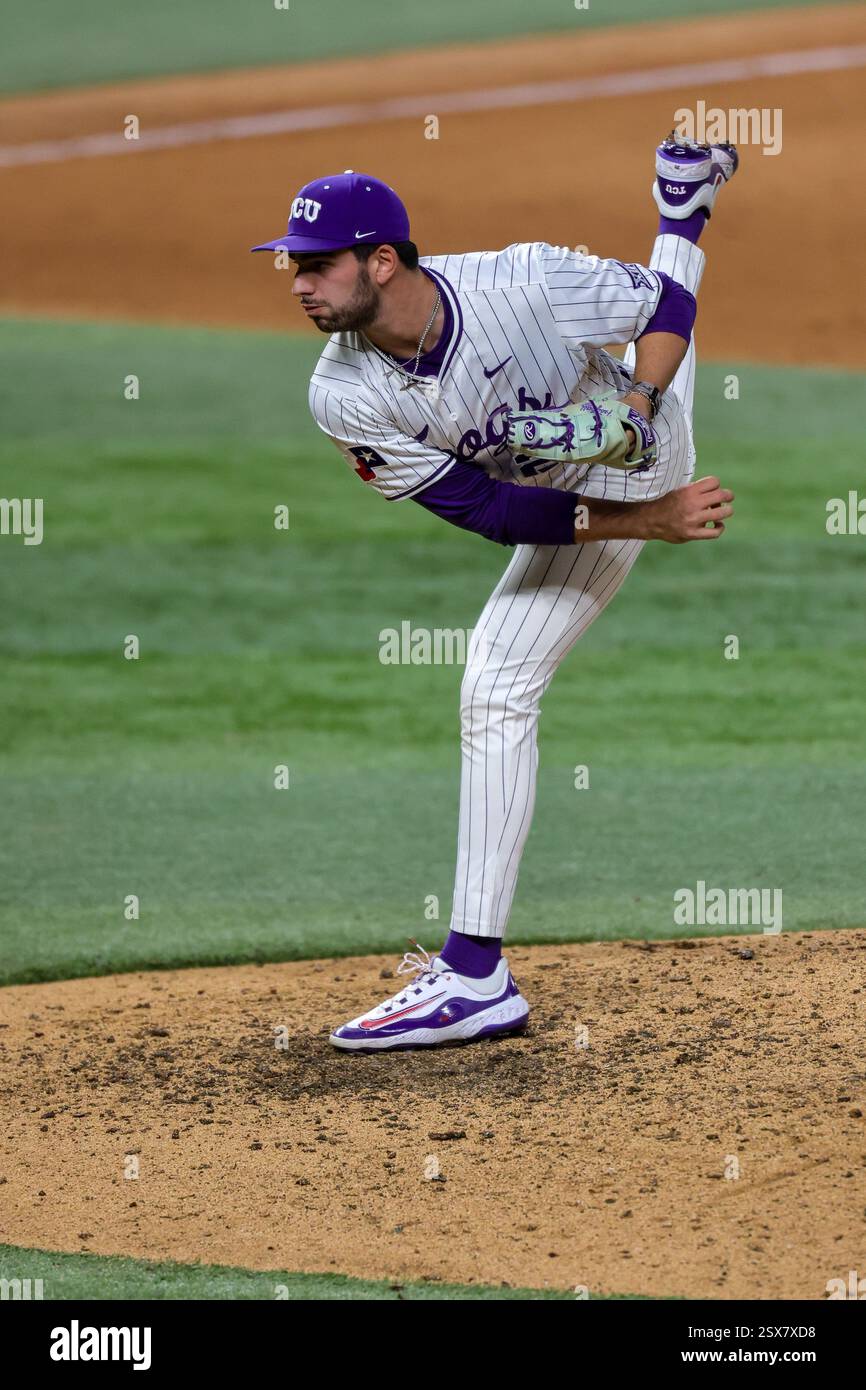 February 22, 2025: TCU pitcher Mason Bixby (29) finishes up his ...
