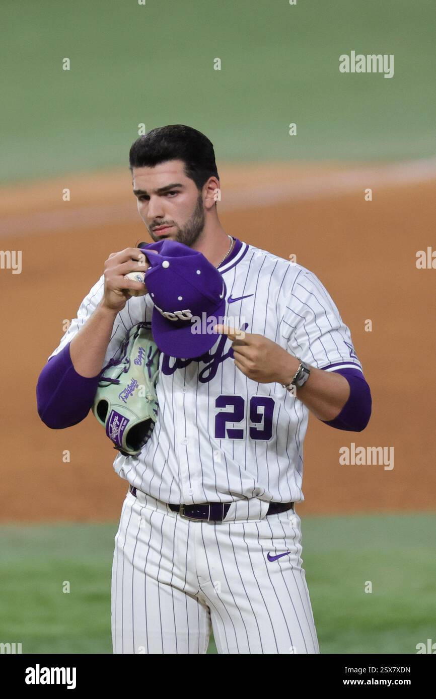 February 22, 2025: TCU pitcher Mason Bixby (29) works with the ...