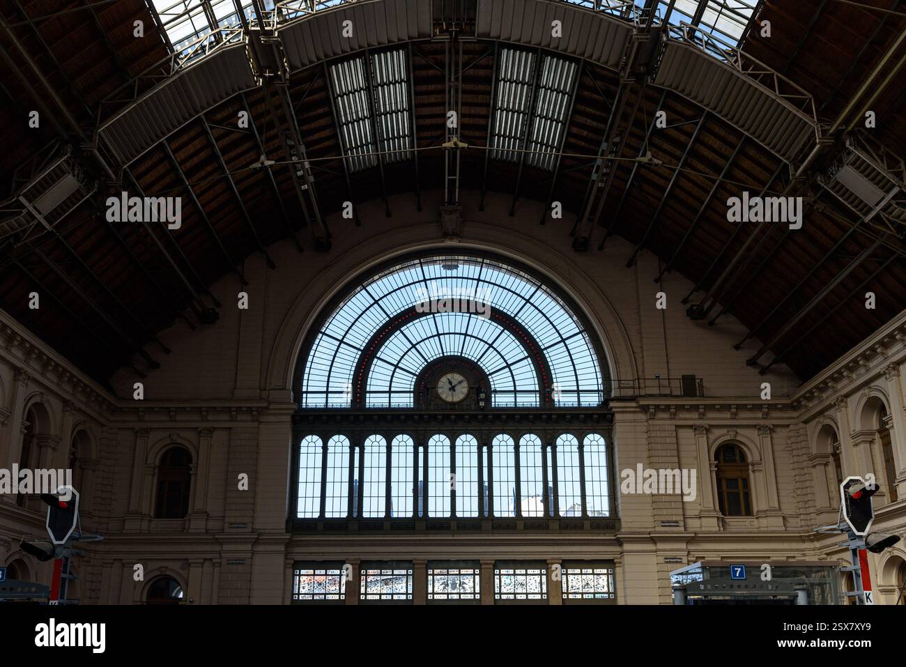The clock and windows inside the main hall of the Keleti Railway ...