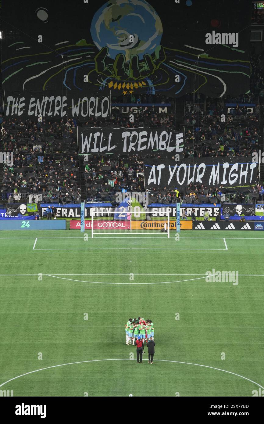 Seattle, United States. 22nd Feb, 2025. Seattle Sounders FC huddle ...