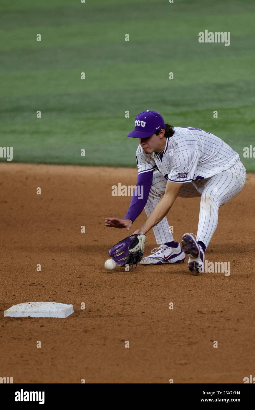 February 22, 2025: TCU infielder Anthony Silva (5) looks in a ground ...
