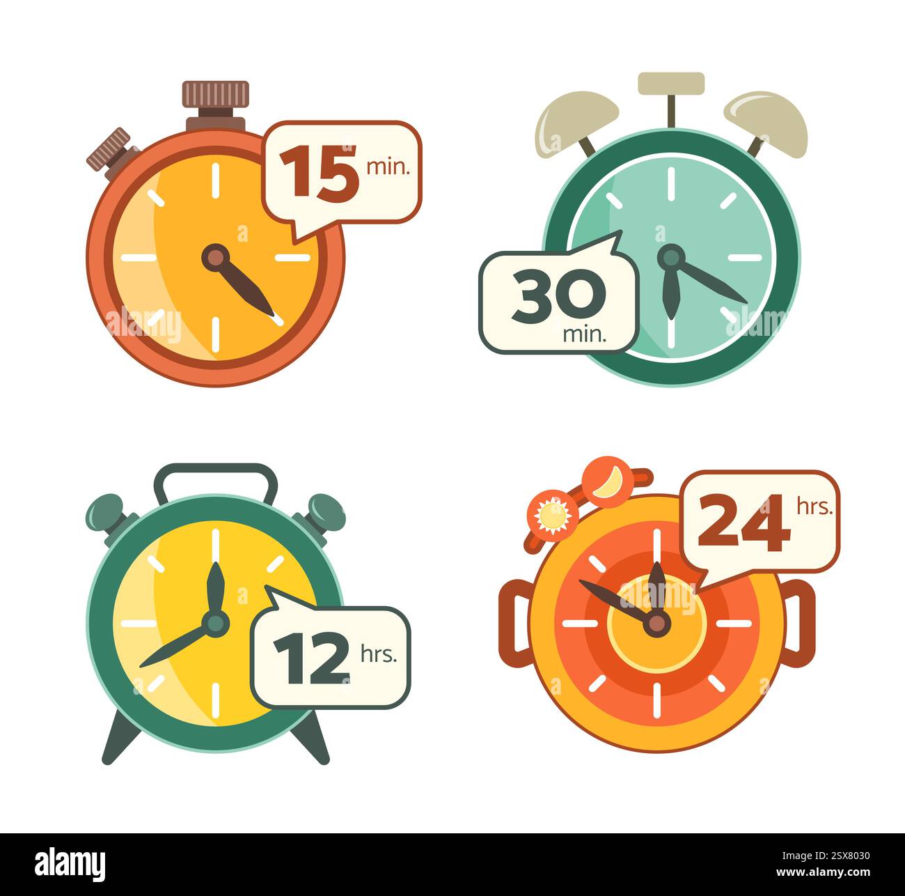 Set of Colorful Clocks with Time Number for Cute Graphic Design Element ...