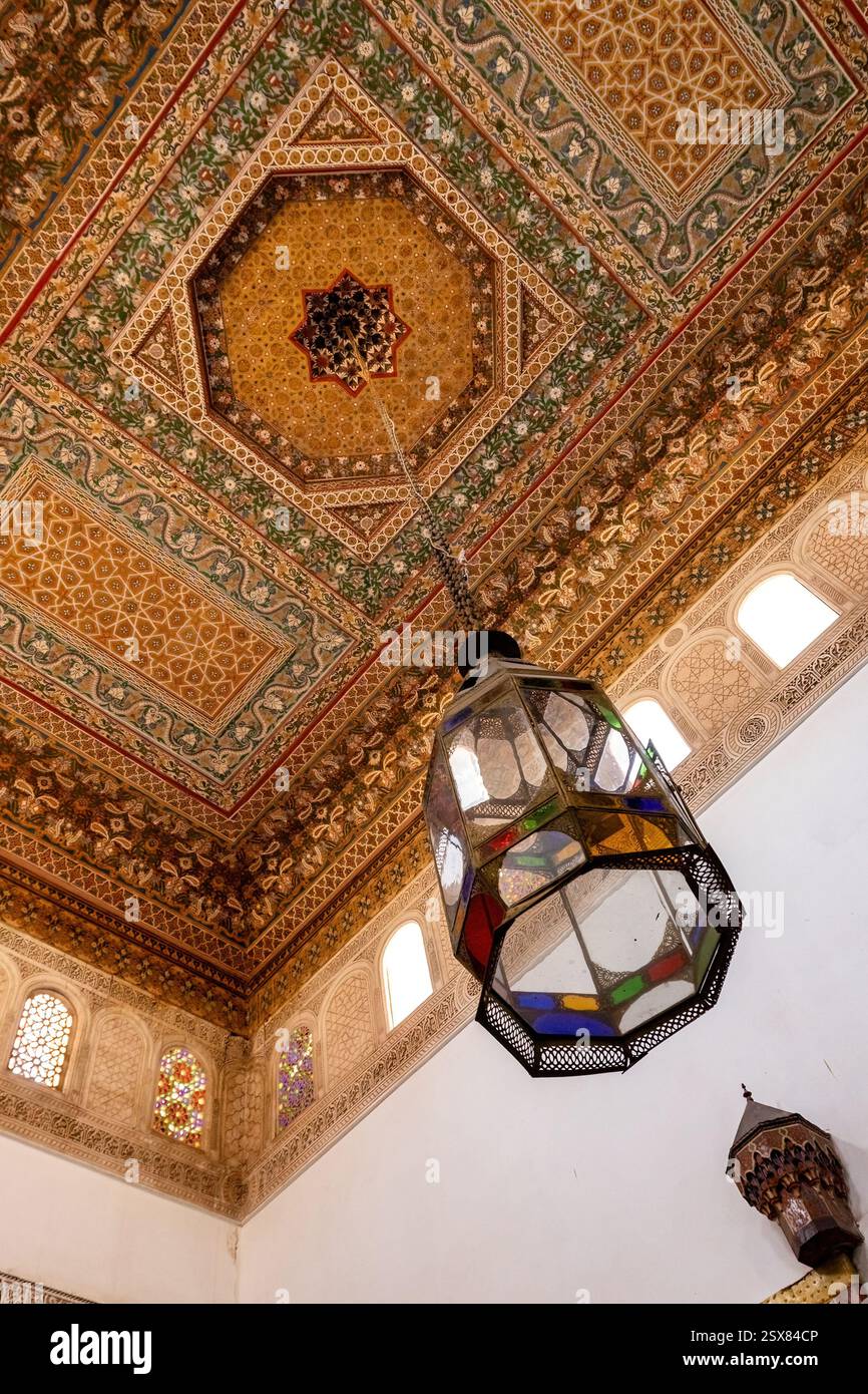 Ornate carvings of the ceiling in Bahia Palace in the Marrakesh Medina ...