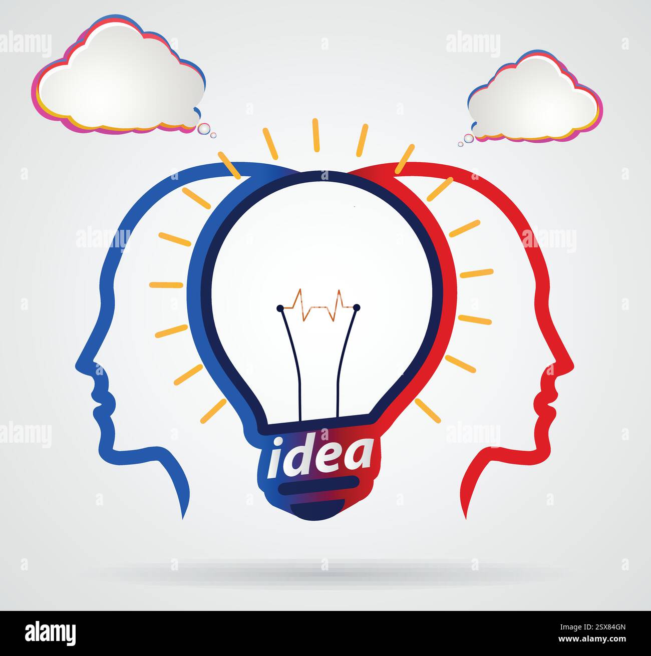 Thinking head with speech clouds, unity of thought, a new idea ...