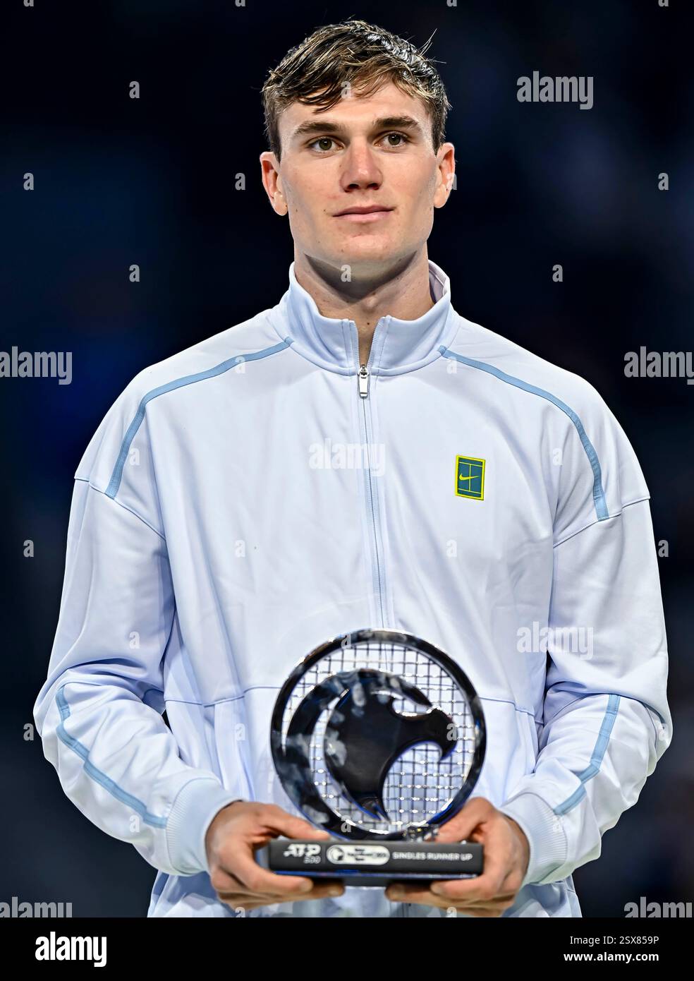 Doha, Qatar. 22nd Feb, 2025. Jack Draper poses with the runner-up trophy during the awarding ...