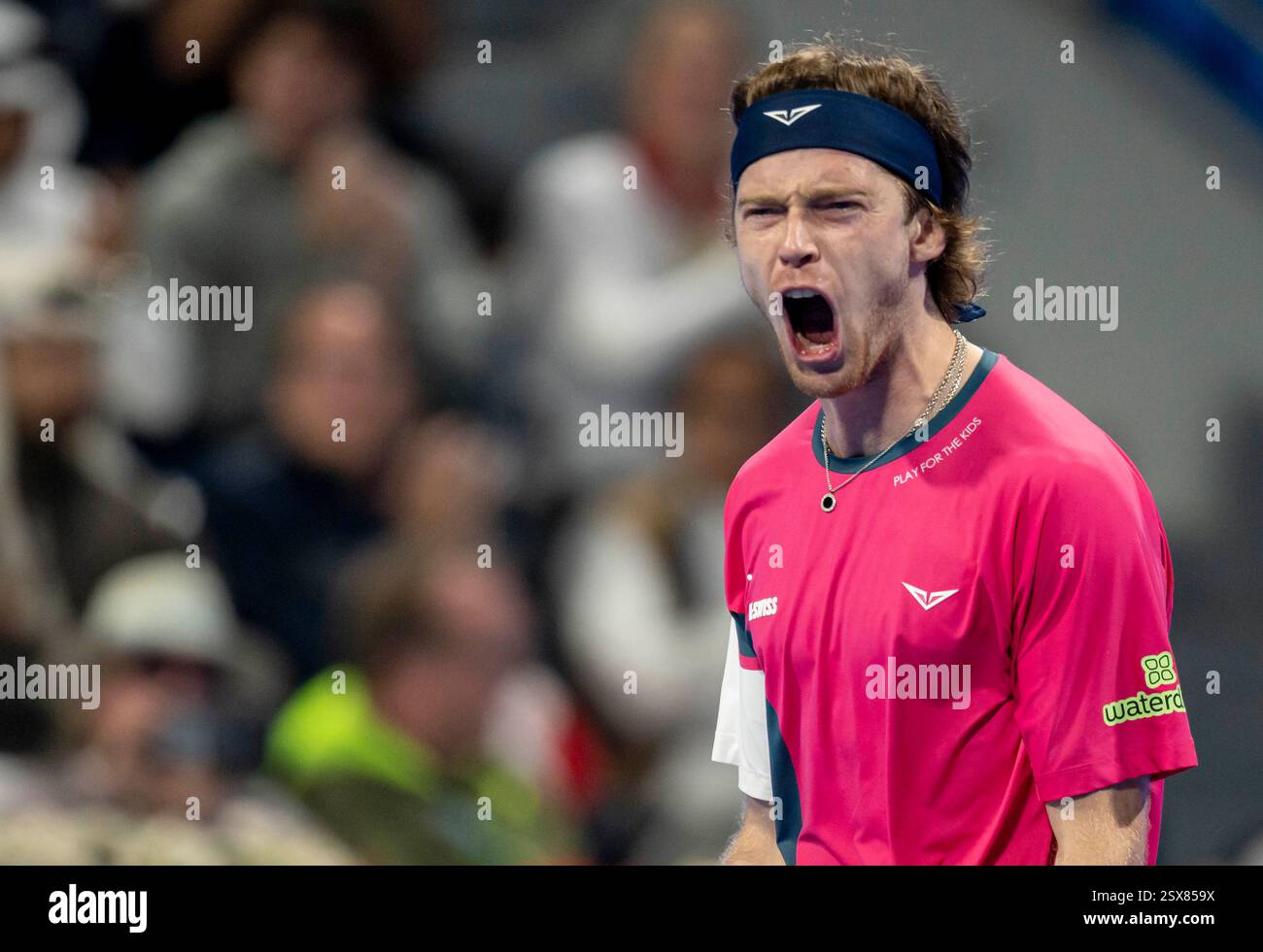 Doha, Qatar. 22nd Feb, 2025. Andrey Rublev reacts during the men's singles final match between ...