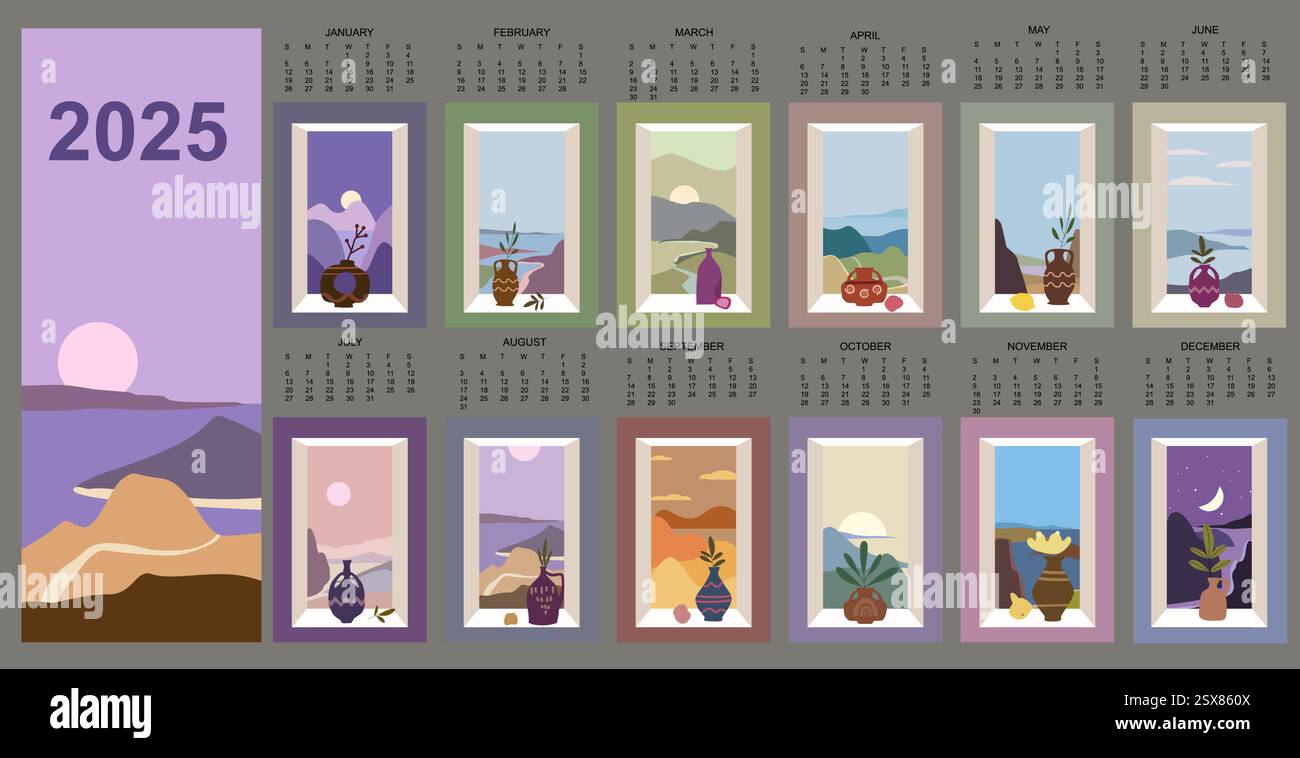Monthly 2025 Calendar flat boho landscape still life natural ...