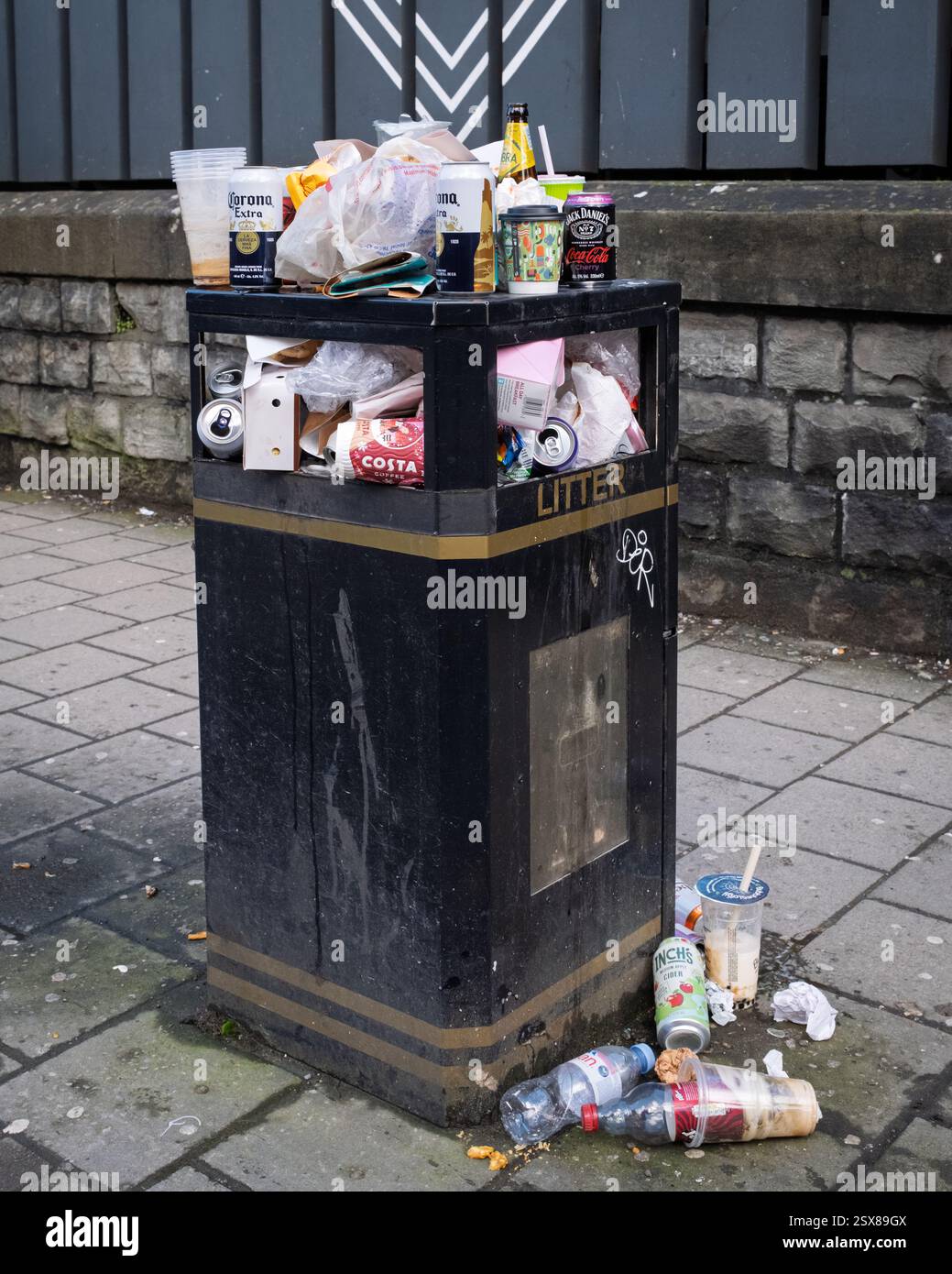 Overflowing waste bin outside the principality stadium, Six Nations ...