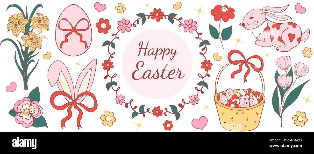 Easter coquette design elements set. Eggs, chicken, butterfly, rabbit, tulips, flowers, willow ...