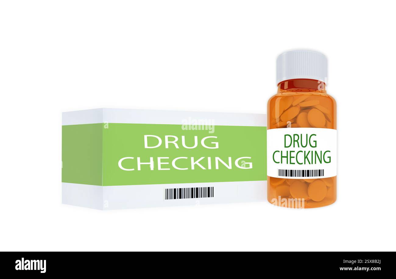 3D illustration of "DRUG CHECKING" title on pill bottle, isolated on ...