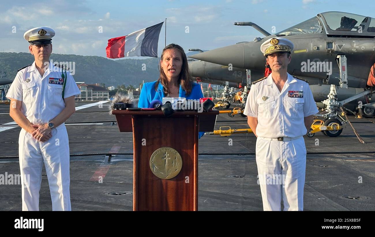 French Ambassador Marie Fontanel speaks during a news conference ...