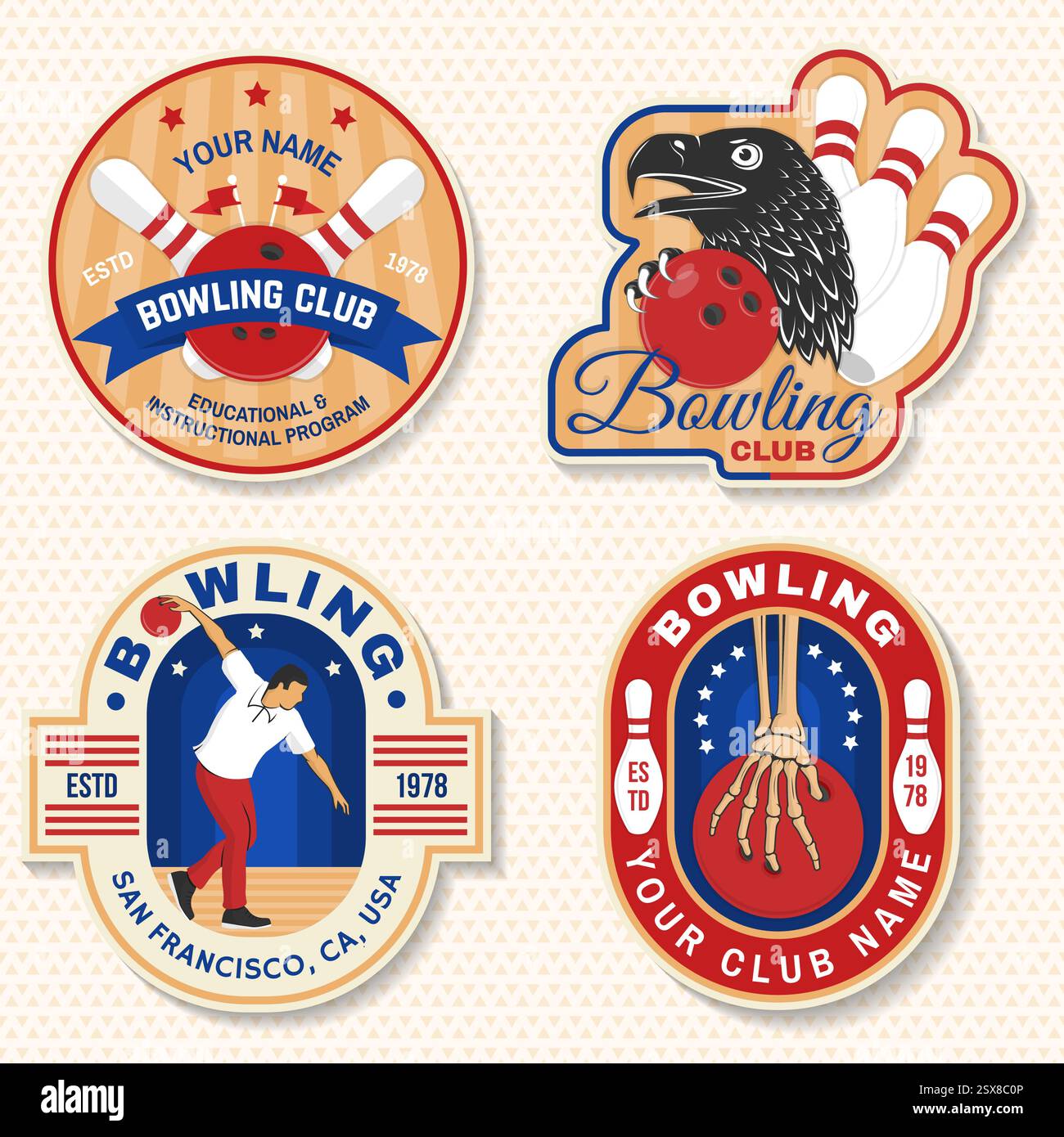 Bowling sports club stickers, logos, badges design. Vintage design with ...