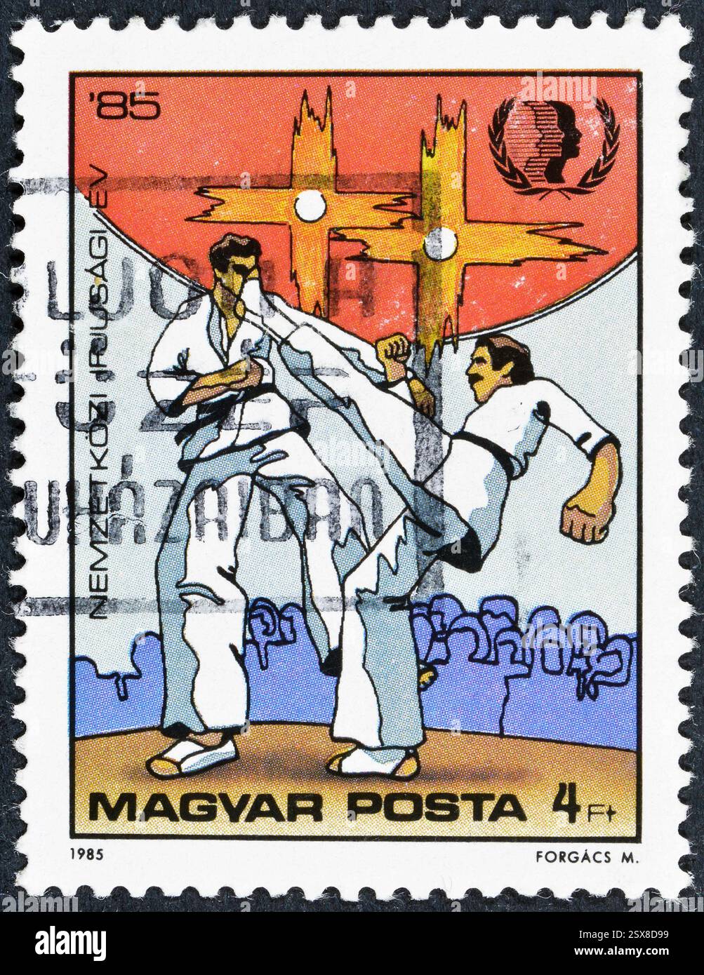 Cancelled postage stamp printed by Hungary, that shows Karate ...