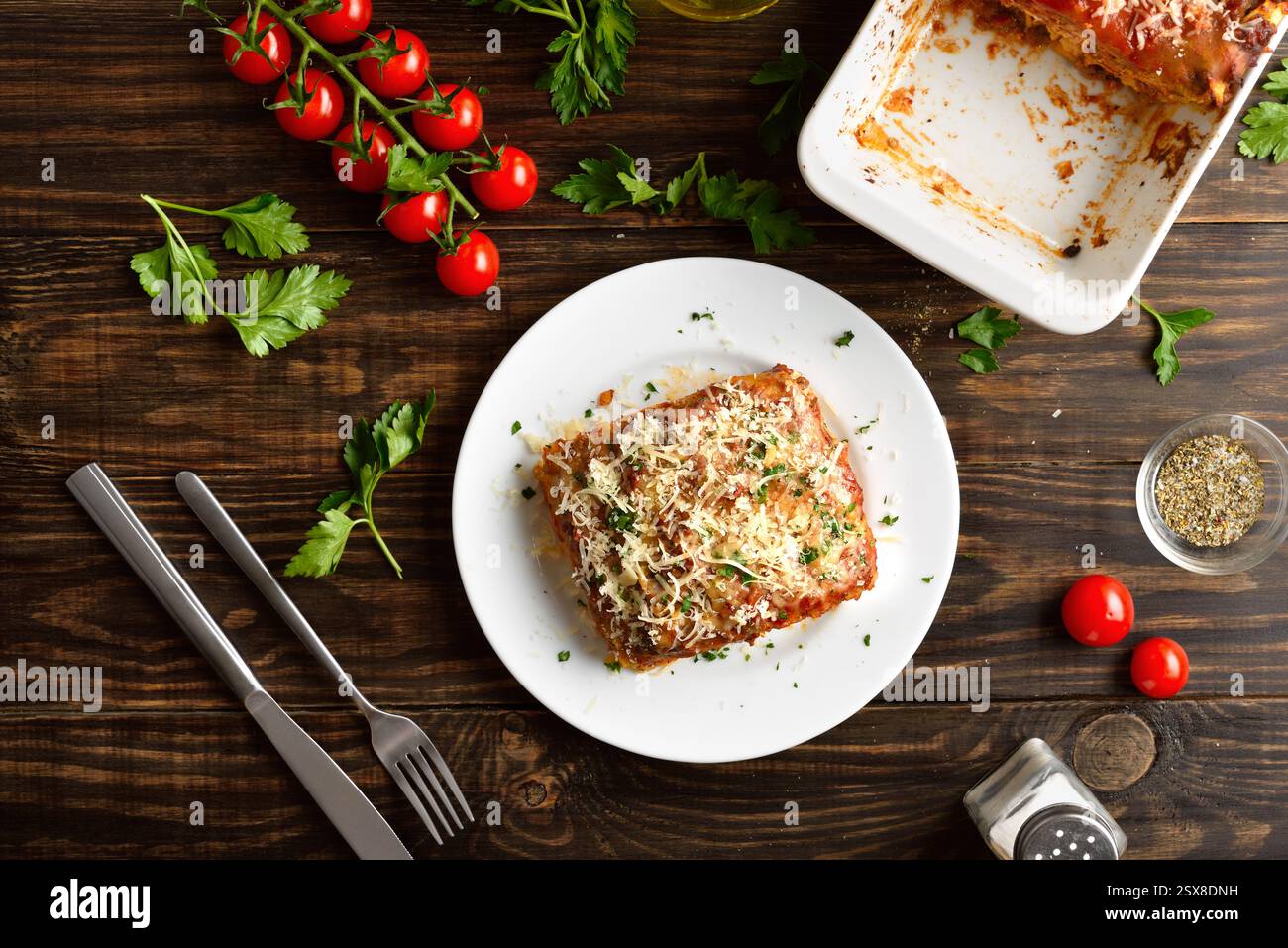 Homemade lasagna with ground beef, ricotta cheese and tomato sauce on ...