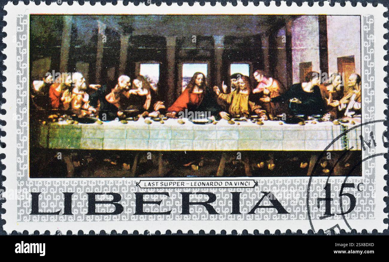 Cancelled postage stamp printed by Liberia, that shows painting by ...