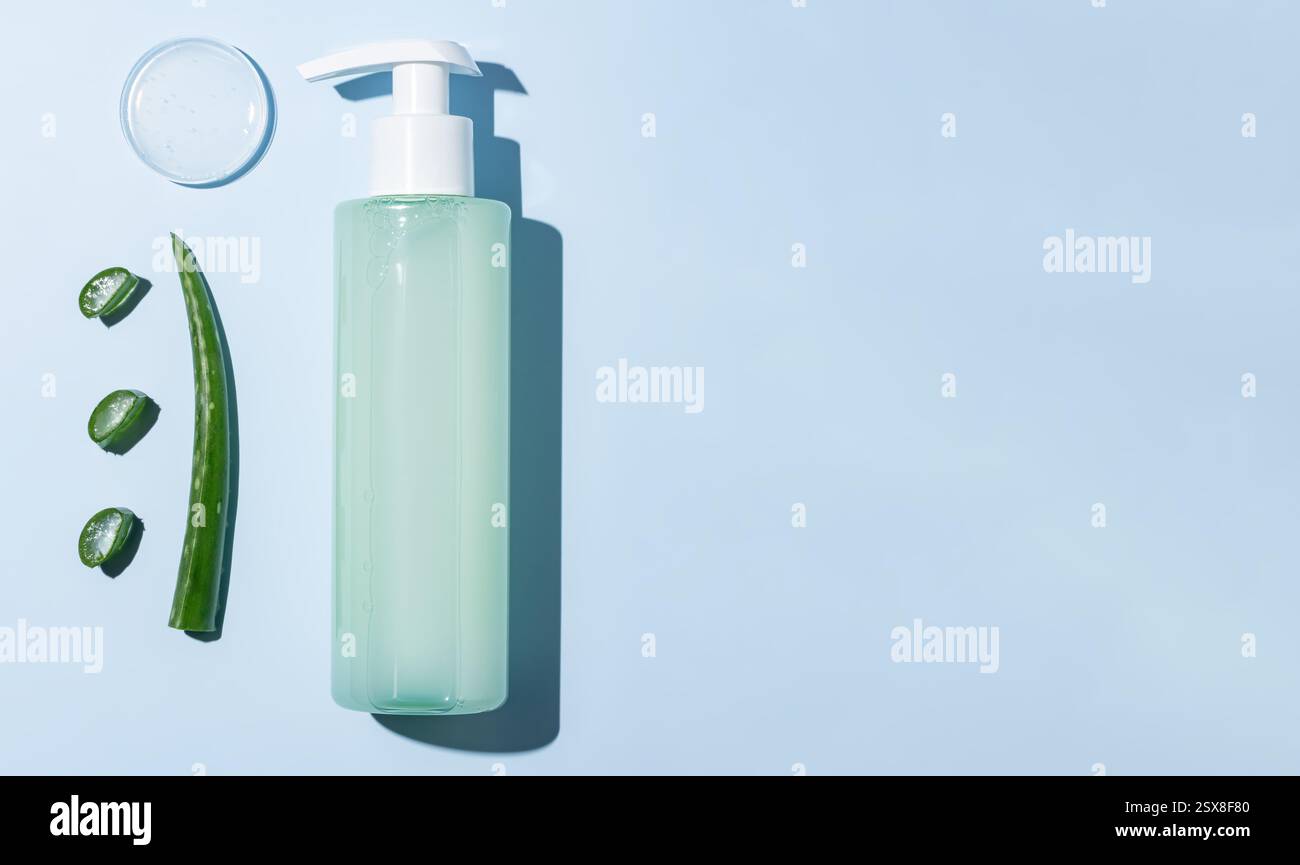Petri dish with Aloe vera gel and soap and unlabeled pump bottle put on ...
