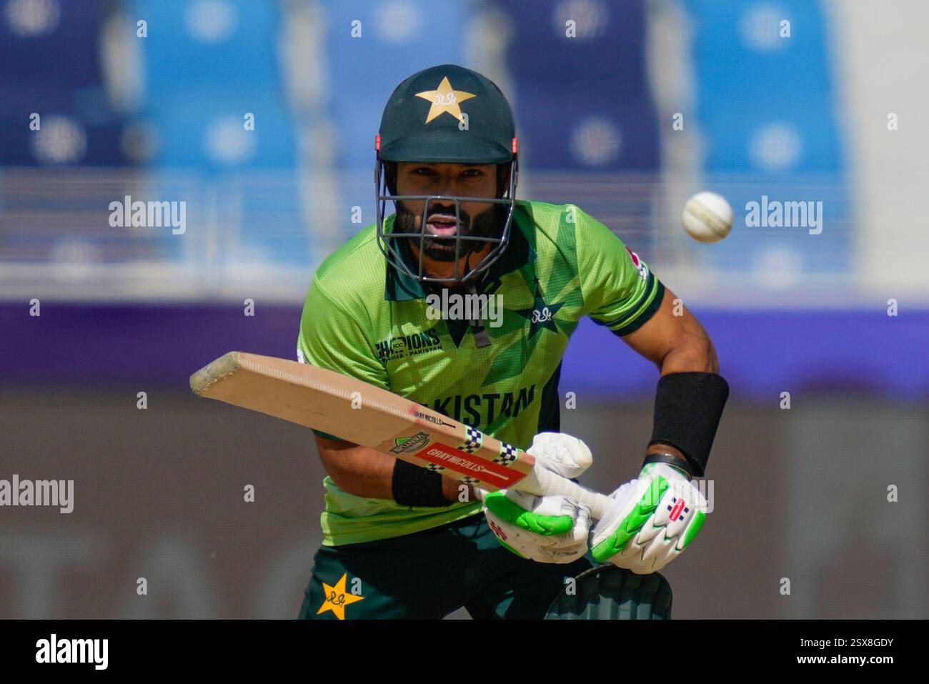 Pakistan's captain Mohammad Rizwan plays a shot during the ICC ...