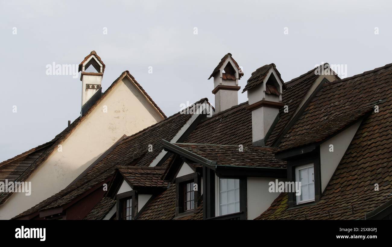 Traditional Rooftops with Chimneys and Gabled Windows Under Cloudy Sky ...