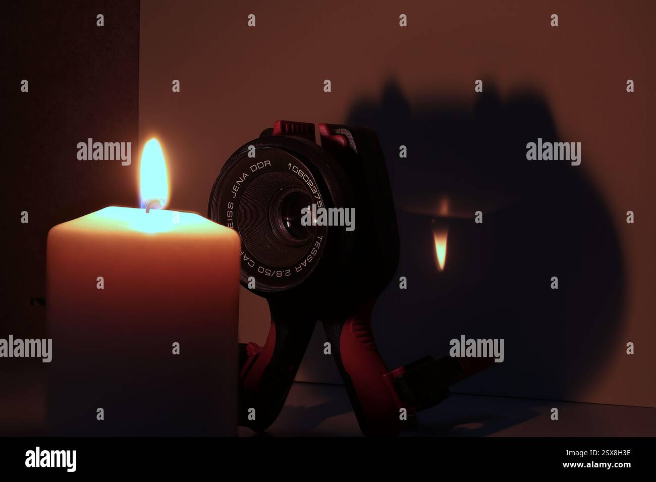 Still life: Experiment with convex lens and candle. Close-up with great ...